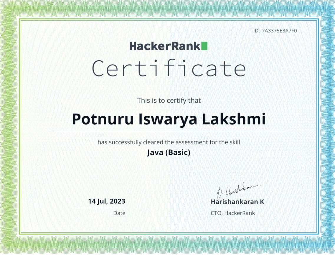 Potnuru Iswarya Lakshmi on LinkedIn: #hackerrank Potnuru Iswarya Lakshmi on LinkedIn: #hackerrank