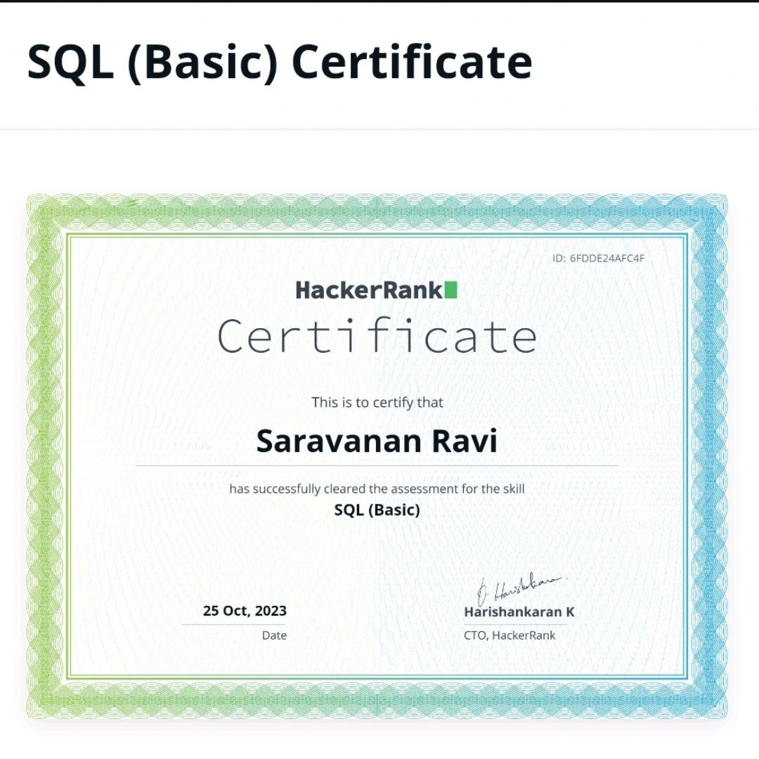 Saravanan Ravi on LinkedIn: #sqlcertification #hackerrank #dataskills Saravanan Ravi on LinkedIn: #sqlcertification #hackerrank #dataskills