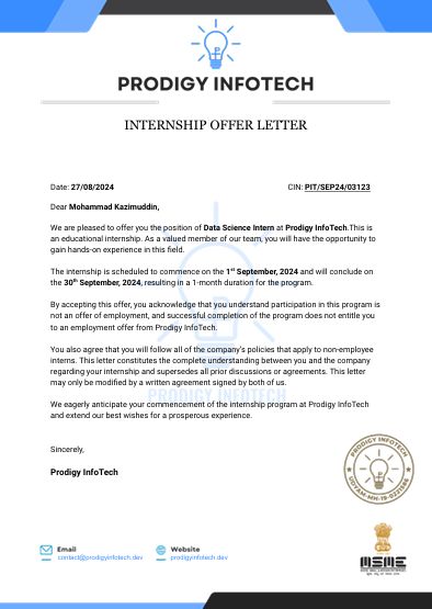 Mohammad Kazimuddin on LinkedIn: #internship #prodigyinfotech #datascience Mohammad Kazimuddin on LinkedIn: #internship #prodigyinfotech #datascience