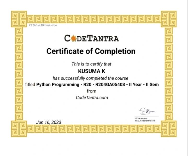 Completed Python Programming from Code Tantra | KUSUMA K posted on the ... Completed Python Programming from Code Tantra | KUSUMA K posted on the ...
