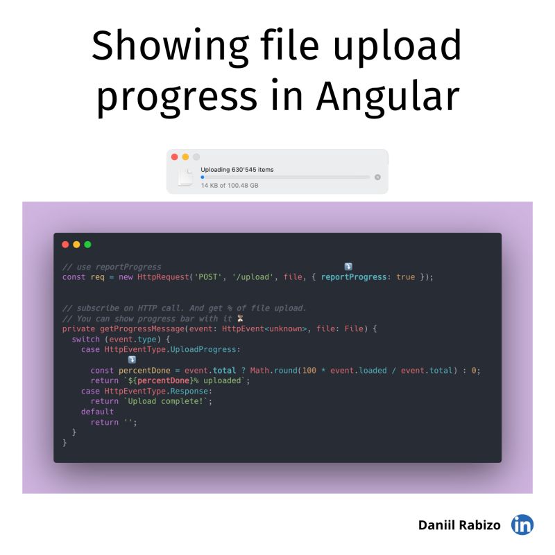 Daniil Rabizo on LinkedIn: Showing file upload progress in Angular ⏳ ... Daniil Rabizo on LinkedIn: Showing file upload progress in Angular ⏳ ...