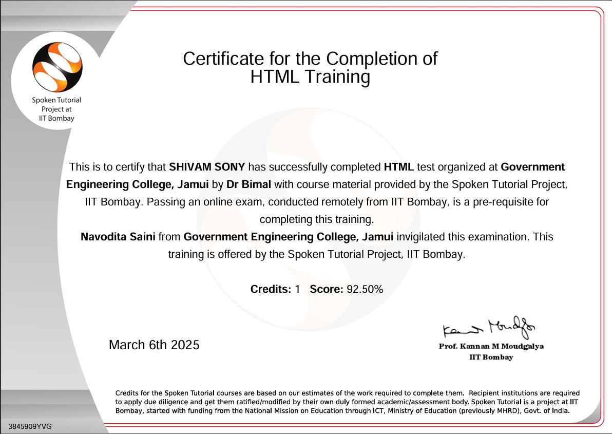 🌟 Certified in HTML! | Shivam Jaiswal 🌟 Certified in HTML! | Shivam Jaiswal