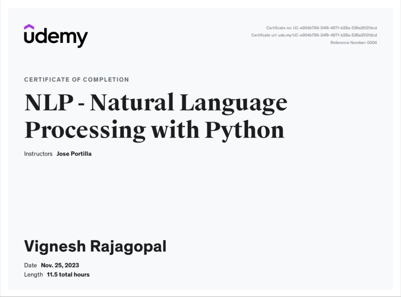 Completed NLP with Python course on Udemy | Vigneshwaran Rajagopal ... Completed NLP with Python course on Udemy | Vigneshwaran Rajagopal ...