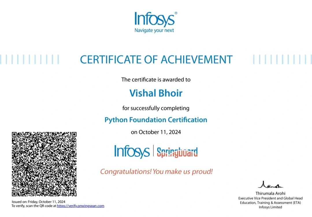 Vishal Bhoir on LinkedIn: #python #certification #infosys # ... Vishal Bhoir on LinkedIn: #python #certification #infosys # ...