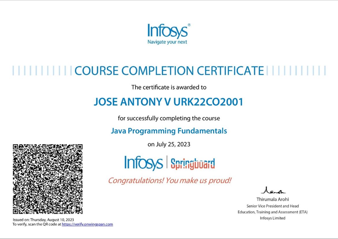 JOSE ANTONY V on LinkedIn: Java Programming Fundamentals from Infosys ... JOSE ANTONY V on LinkedIn: Java Programming Fundamentals from Infosys ...