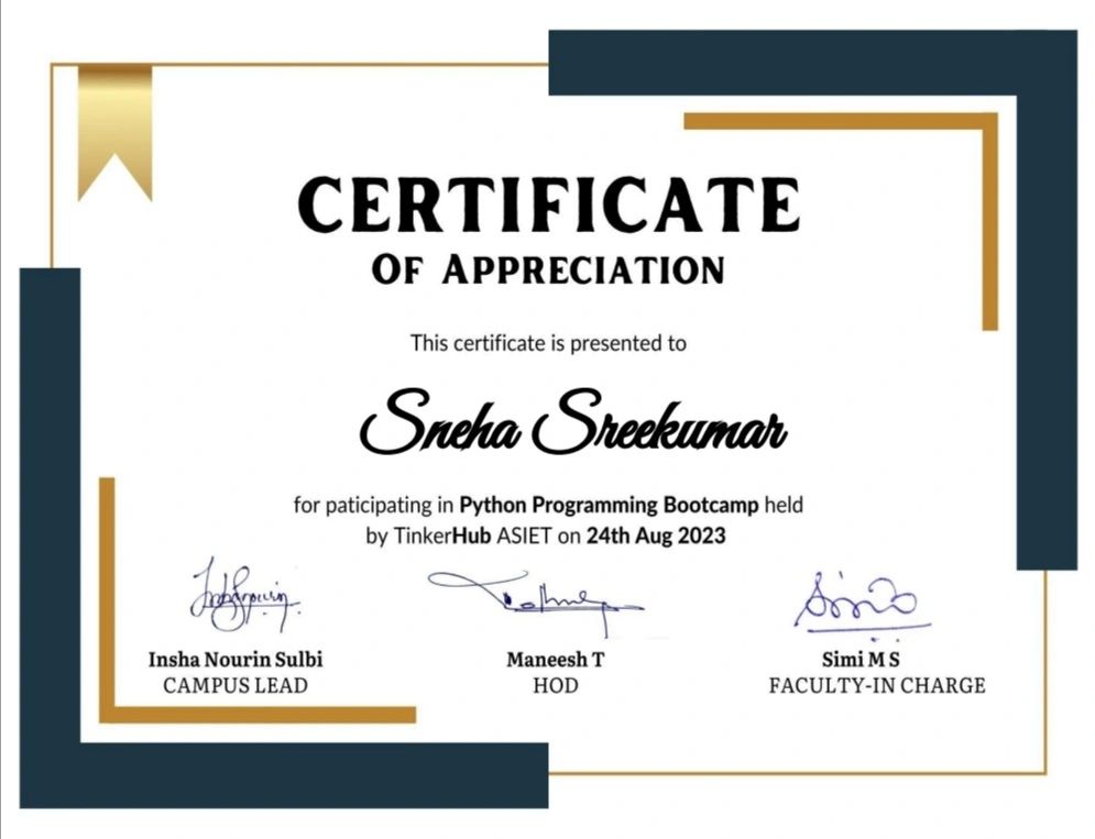 Sneha sreekumar on LinkedIn: #pythonprogramming #bootcampexperience # ... Sneha sreekumar on LinkedIn: #pythonprogramming #bootcampexperience # ...