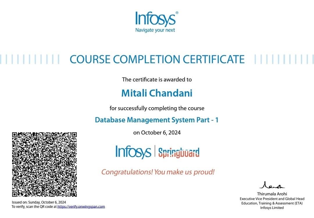 Mitali Chandani on LinkedIn: #dbms #certification #learning # ... Mitali Chandani on LinkedIn: #dbms #certification #learning # ...