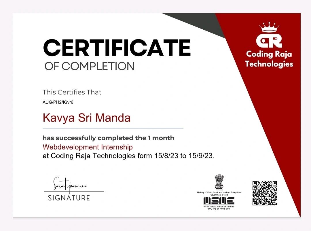 Kavya sri Manda on LinkedIn: #codingraja #internship #css #html #js Kavya sri Manda on LinkedIn: #codingraja #internship #css #html #js