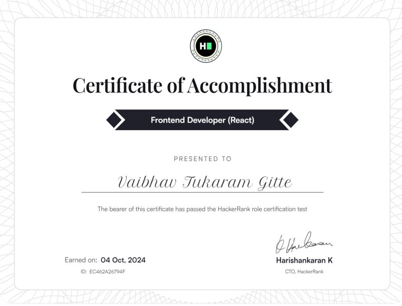 Vaibhav Tukaram Gitte on LinkedIn: #frontenddeveloper #hackerrank # ... Vaibhav Tukaram Gitte on LinkedIn: #frontenddeveloper #hackerrank # ...