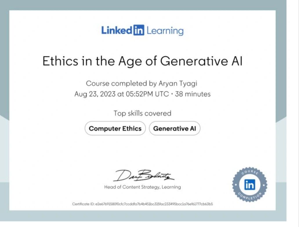 Proud to have earned my Ethics in the Age of Generative AI Certificate ... Proud to have earned my Ethics in the Age of Generative AI Certificate ...