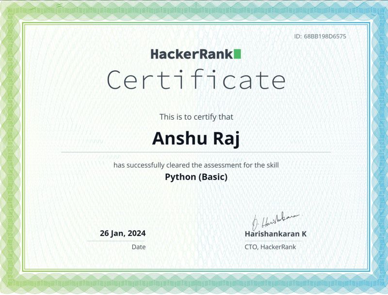 Anshu Raj on LinkedIn: #python #certification #hackerrank #problemsolving Anshu Raj on LinkedIn: #python #certification #hackerrank #problemsolving