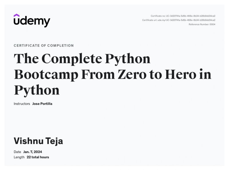 Completion of Python Bootcamp on Udemy | Vishnu Teja Dumpala posted on ... Completion of Python Bootcamp on Udemy | Vishnu Teja Dumpala posted on ...