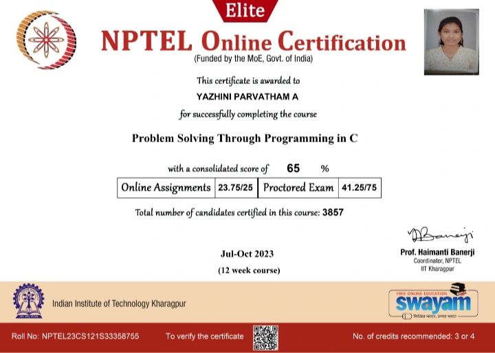 Completed NPTEL program on problem solving in c | YAZHINI PARVATHAM A ... Completed NPTEL program on problem solving in c | YAZHINI PARVATHAM A ...