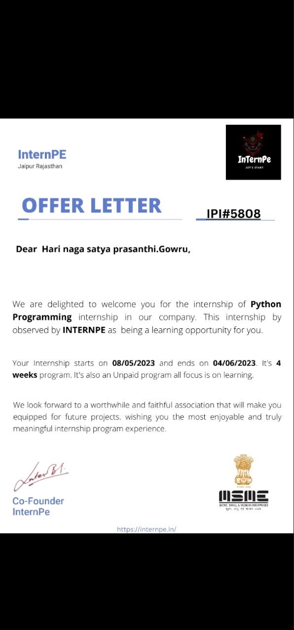 Prasanthi Gowru on LinkedIn: #connections #internpe #internpe #internpe ... Prasanthi Gowru on LinkedIn: #connections #internpe #internpe #internpe ...