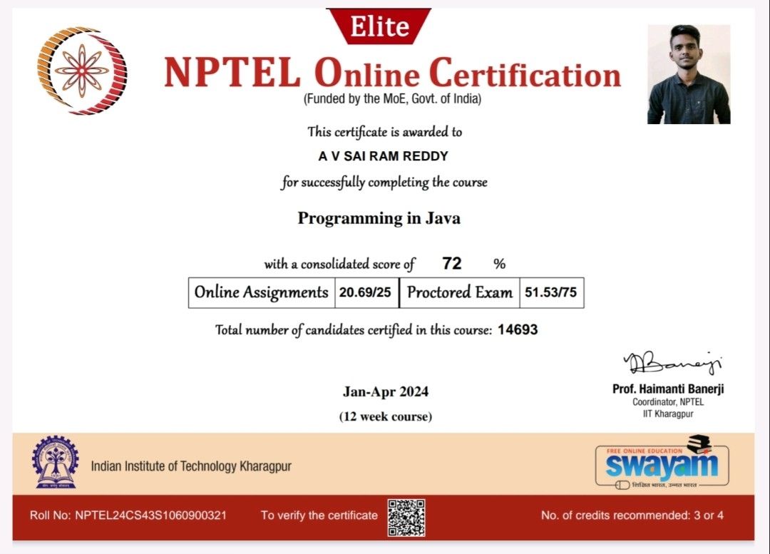 Completed the Java Programming course on NPTEL by IIT Kharagpur with a ... Completed the Java Programming course on NPTEL by IIT Kharagpur with a ...