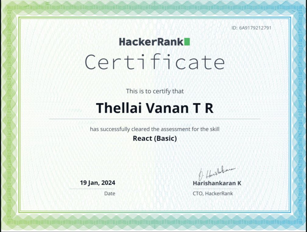 Thellai Vanan T R on LinkedIn: #reactjs #hackerrank #certification # ... Thellai Vanan T R on LinkedIn: #reactjs #hackerrank #certification # ...
