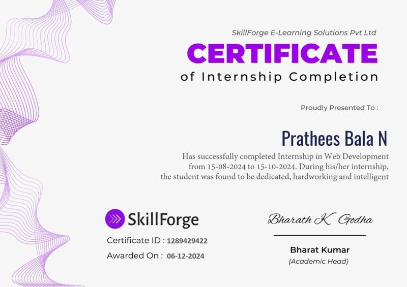 Prathees Bala on LinkedIn: #internship #skillforge #webdevelopment Prathees Bala on LinkedIn: #internship #skillforge #webdevelopment