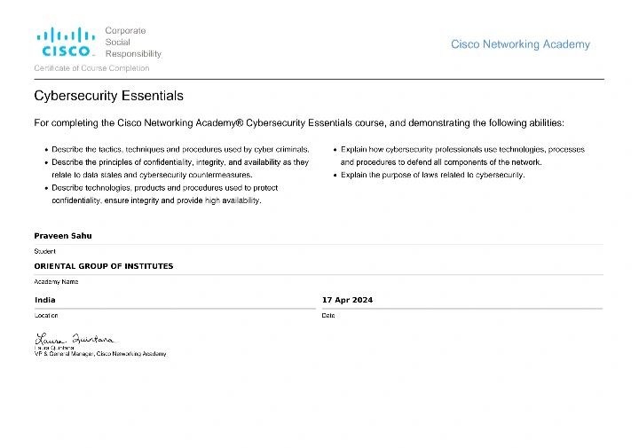 #Cisco Certificate in cyber security Essentials course | Praveen Sahu #Cisco Certificate in cyber security Essentials course | Praveen Sahu