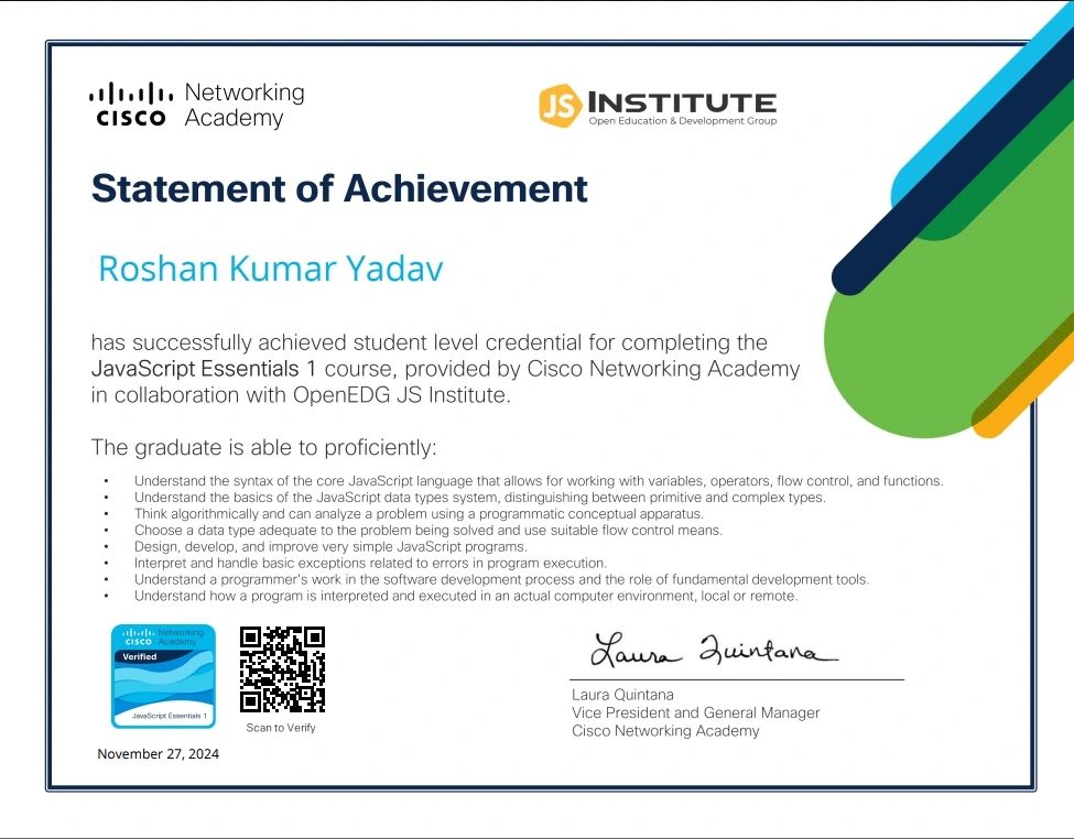 Roshan Kumar Yadav on LinkedIn: Certificate of JavaScript Roshan Kumar Yadav on LinkedIn: Certificate of JavaScript