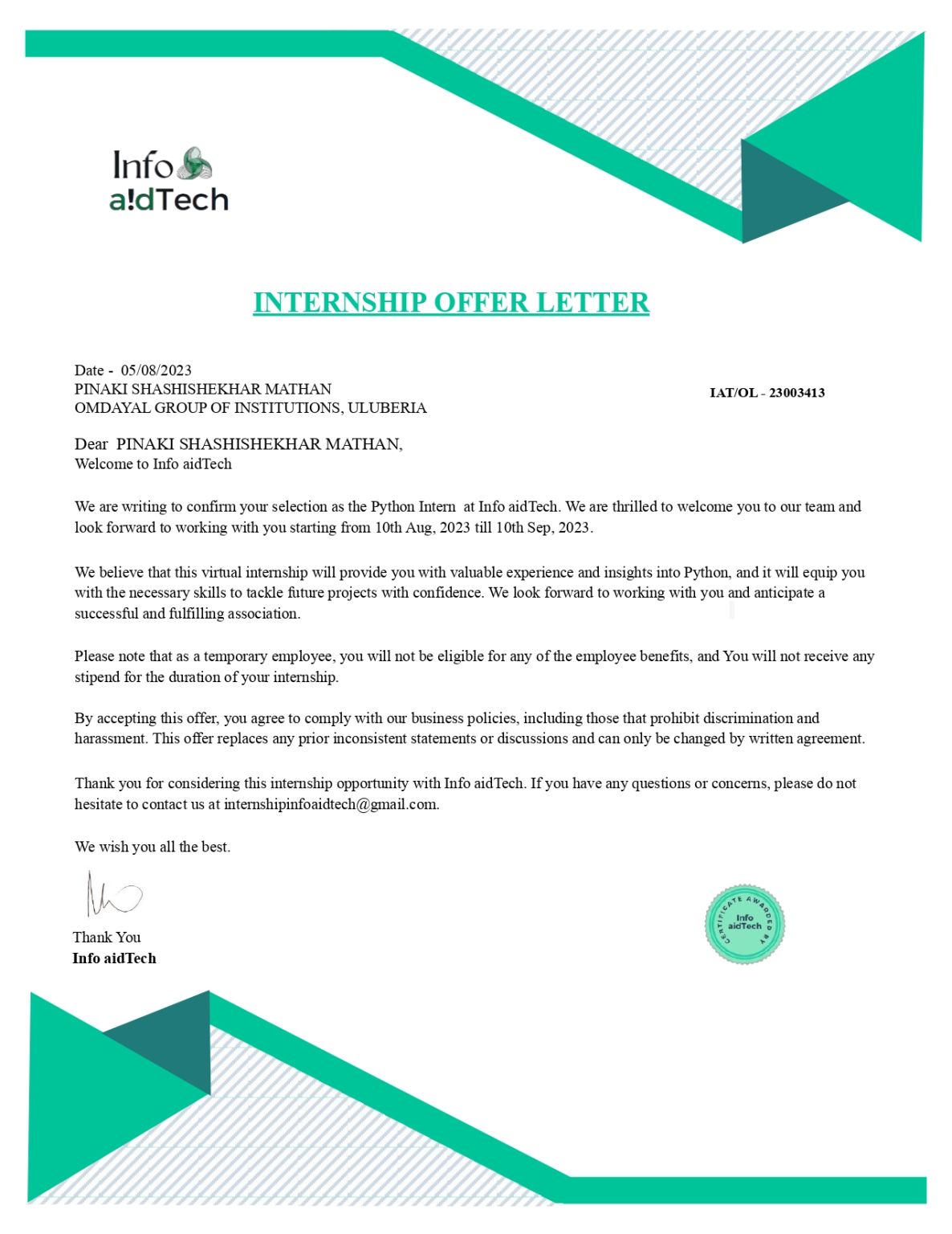 PINAKI SHASHISHEKHAR MATHAN on LinkedIn: #infoaidtech #internship # ... PINAKI SHASHISHEKHAR MATHAN on LinkedIn: #infoaidtech #internship # ...