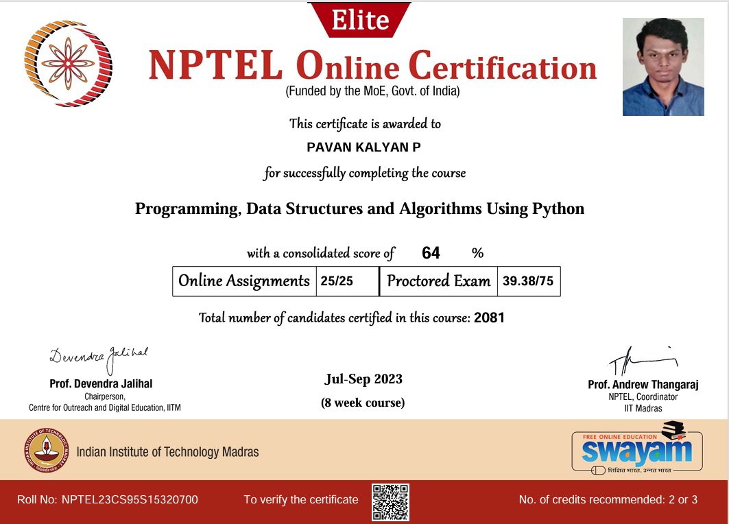 Completed #NPTEL course on Python with ELITE CERTIFICATION | Pavan ... Completed #NPTEL course on Python with ELITE CERTIFICATION | Pavan ...