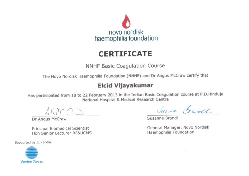 Haemostasis workshop certificate | Elcid Vijayakumar Haemostasis workshop certificate | Elcid Vijayakumar