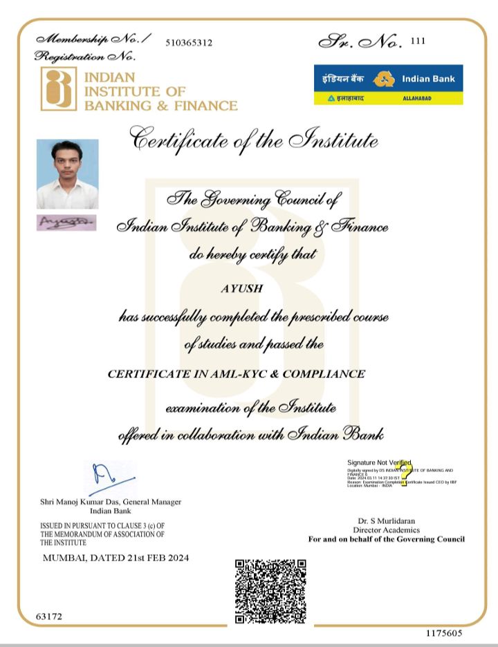 Successfully completed the KYC-AML certification from IIBF. | Ayush Saxena Successfully completed the KYC-AML certification from IIBF. | Ayush Saxena