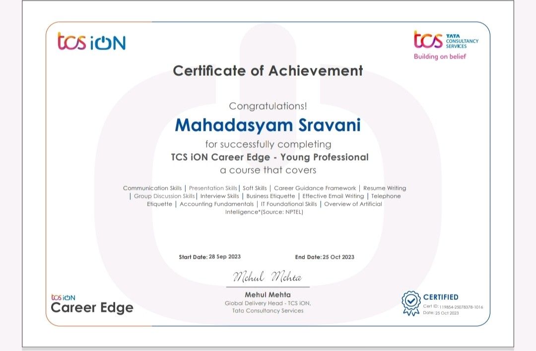 Mahadasyam Sravani on LinkedIn: #tcsion Mahadasyam Sravani on LinkedIn: #tcsion
