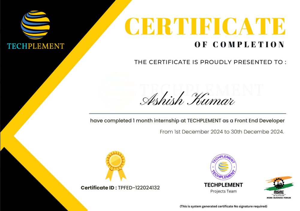 Ashish Kumar on LinkedIn: #techplement #internshipcompleted # ... Ashish Kumar on LinkedIn: #techplement #internshipcompleted # ...