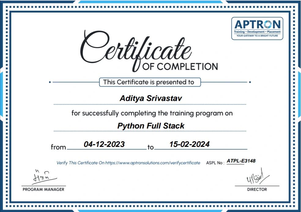 Aditya Srivastav on LinkedIn: #pythonfullstack #certificate #techjourney Aditya Srivastav on LinkedIn: #pythonfullstack #certificate #techjourney
