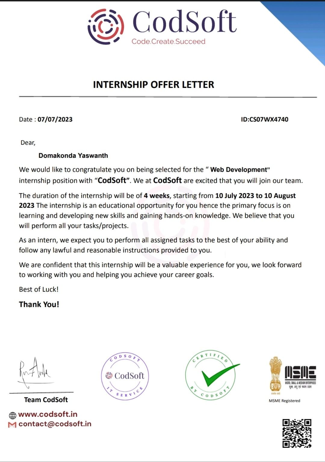 Yaswanth Domakonda on LinkedIn: #webdevlopment #intern #codsoft #thankyou Yaswanth Domakonda on LinkedIn: #webdevlopment #intern #codsoft #thankyou