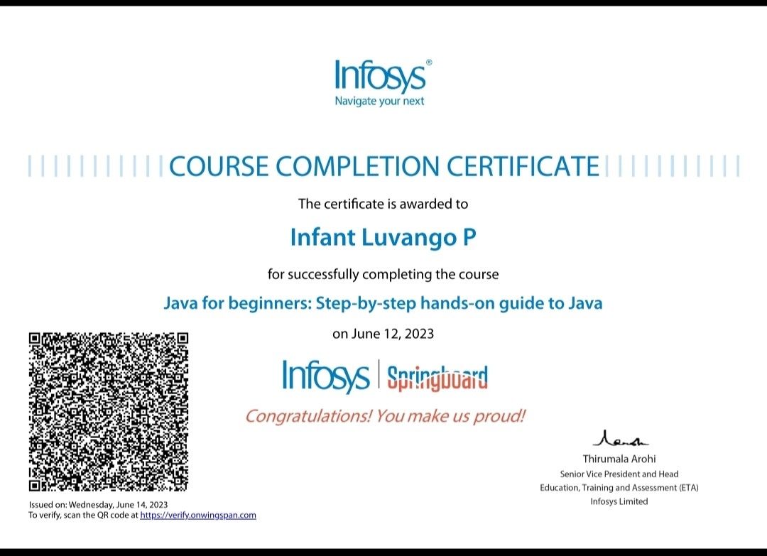 INFANT LUVANGO P on LinkedIn: #javaprogramming #infosysspringboard INFANT LUVANGO P on LinkedIn: #javaprogramming #infosysspringboard