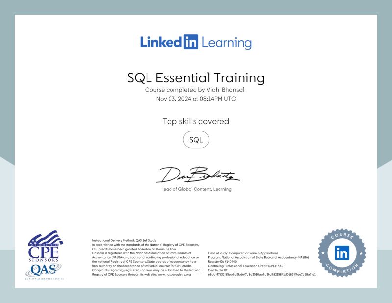 Vidhi Bhansali on LinkedIn: Certificate of Completion Vidhi Bhansali on LinkedIn: Certificate of Completion