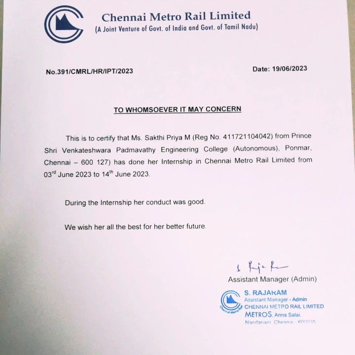 SAKTHI PRIYA M on LinkedIn: #internshipcompletion #cmrl #webanalytics SAKTHI PRIYA M on LinkedIn: #internshipcompletion #cmrl #webanalytics