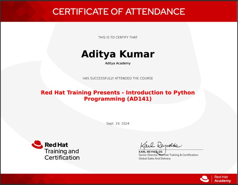 Aditya Kumar on LinkedIn: #redhattraining #pythonprogramming # ... Aditya Kumar on LinkedIn: #redhattraining #pythonprogramming # ...