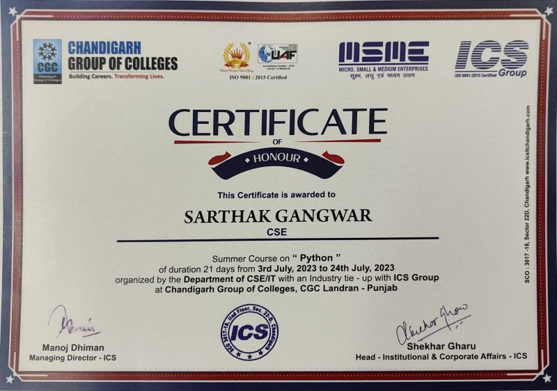I earned a Python Certificate! | Sarthak Gangwar posted on the topic ... I earned a Python Certificate! | Sarthak Gangwar posted on the topic ...