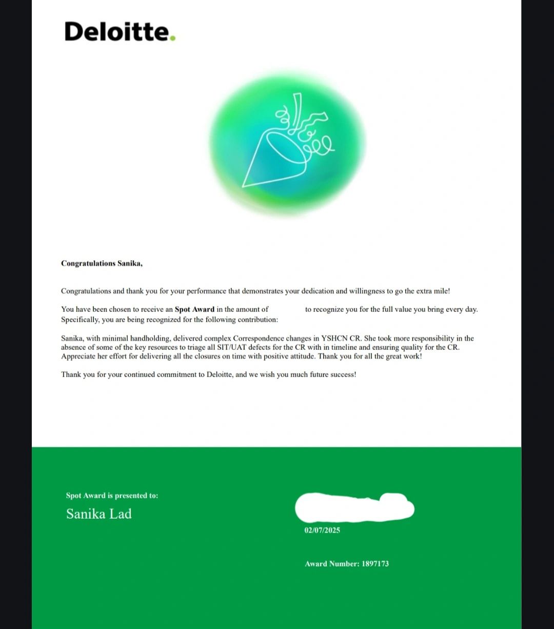 #recognition #deloitte #secondspotaward #grateful | Sanika Lad #recognition #deloitte #secondspotaward #grateful | Sanika Lad