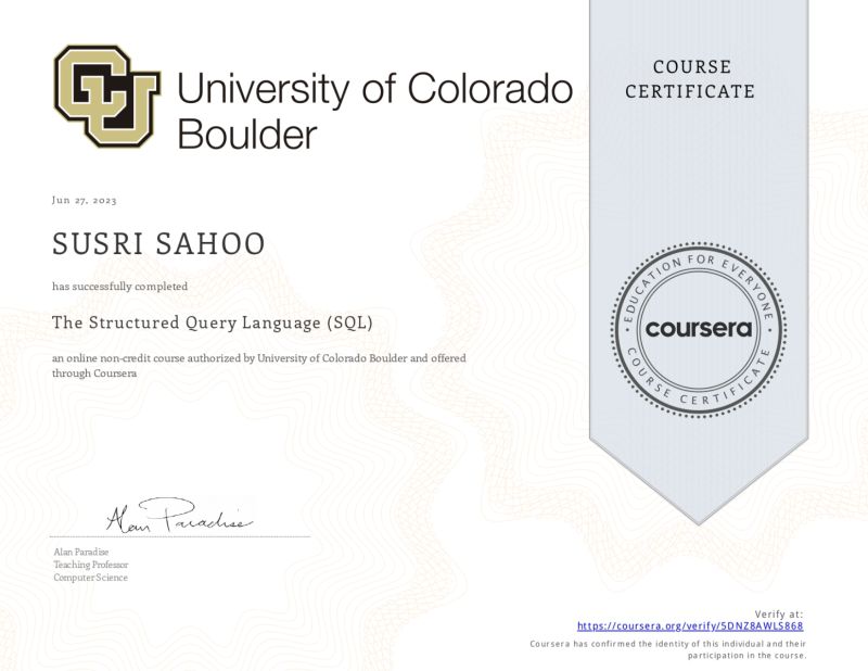 Finished SQL course on Coursera! | Susri Sahoo posted on the topic ... Finished SQL course on Coursera! | Susri Sahoo posted on the topic ...