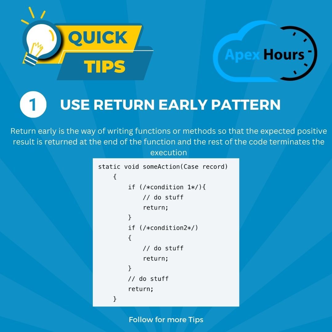 Apex Hours on LinkedIn: Tips 1# Use Return Early Pattern Learn more ... Apex Hours on LinkedIn: Tips 1# Use Return Early Pattern Learn more ...