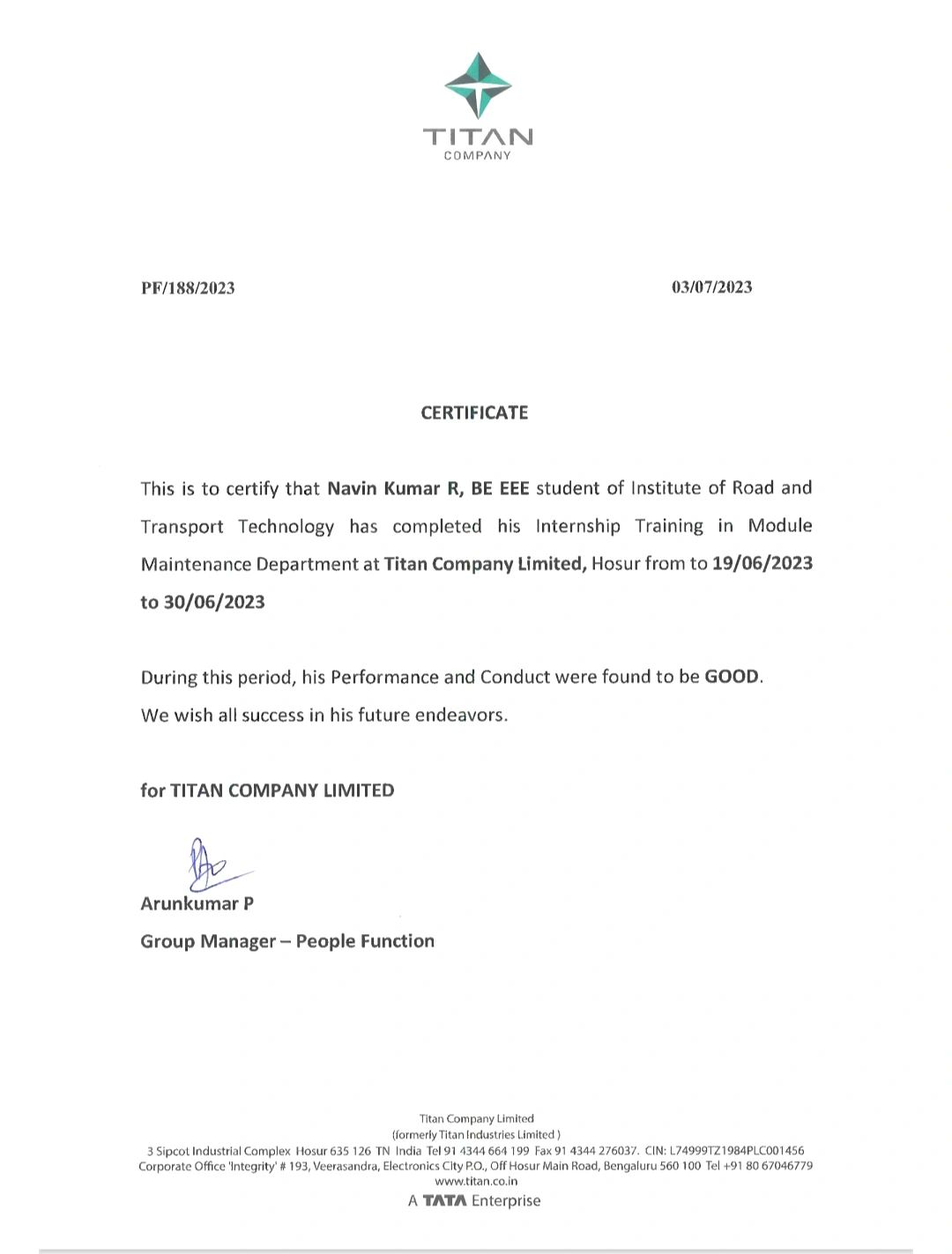 NAVIN KUMAR. R on LinkedIn: Internship Experience at Titan I'm thrilled ... NAVIN KUMAR. R on LinkedIn: Internship Experience at Titan I'm thrilled ...