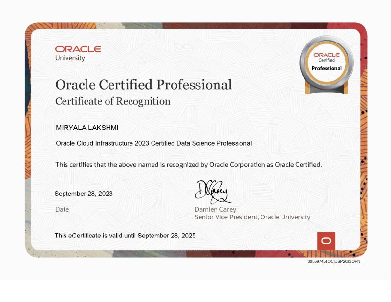 #oracle #datascience #certification | Lakshmi Miryala #oracle #datascience #certification | Lakshmi Miryala