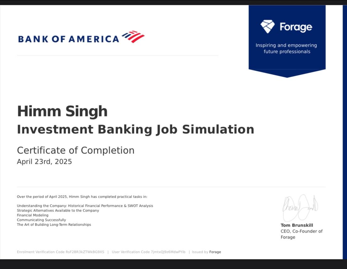 I just completed Bank of America's Investment Banking on Forage. In the ... I just completed Bank of America's Investment Banking on Forage. In the ...