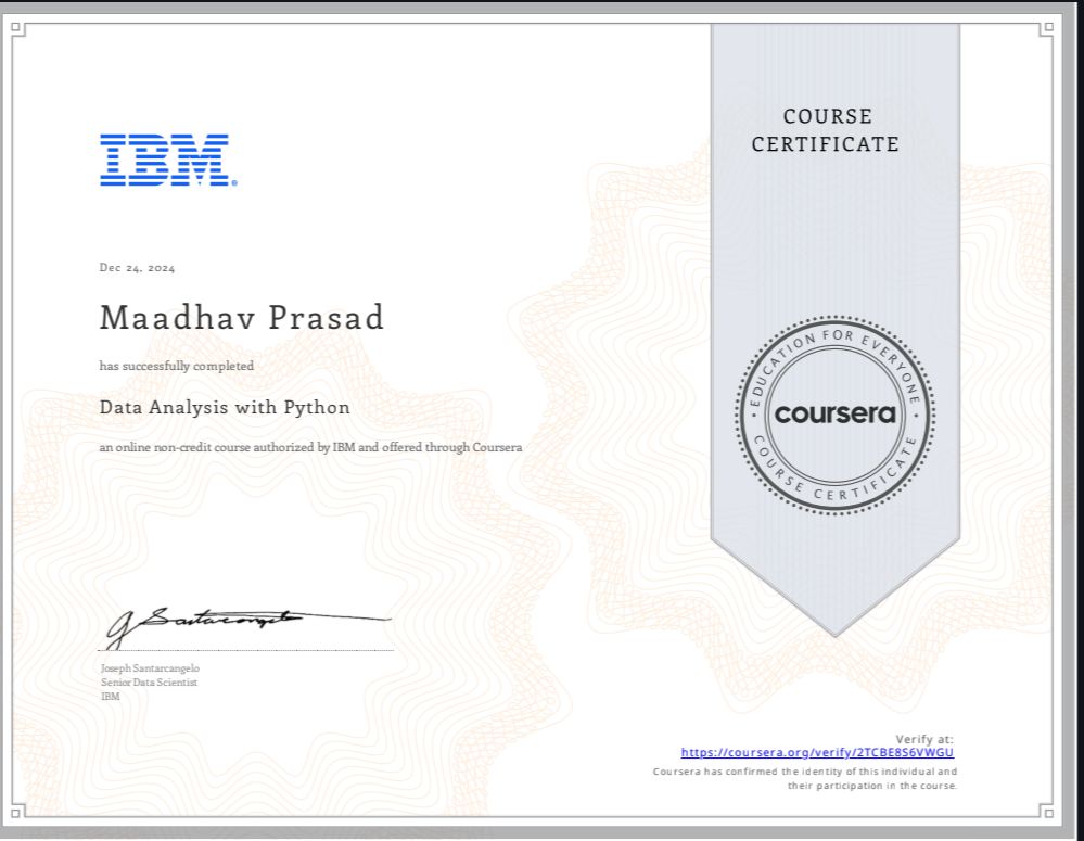 Maadhav Prasad on LinkedIn: #dataanalysis #python #coursera #ibm # ... Maadhav Prasad on LinkedIn: #dataanalysis #python #coursera #ibm # ...