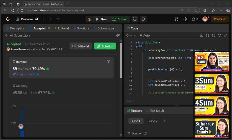 🚀 Mastering Sum Problems on LeetCode! 🚀 Just solved Subarray Sum Equals ... 🚀 Mastering Sum Problems on LeetCode! 🚀 Just solved Subarray Sum Equals ...