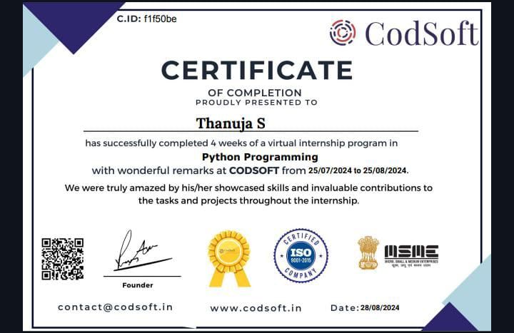 Thanuja .S on LinkedIn: #pythonprogramming #codsoft # ... Thanuja .S on LinkedIn: #pythonprogramming #codsoft # ...