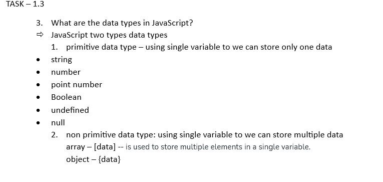 UDAVALAPATI SURESH on LinkedIn: TASK – 1.3 JavaScript Developer 1. What ... UDAVALAPATI SURESH on LinkedIn: TASK – 1.3 JavaScript Developer 1. What ...