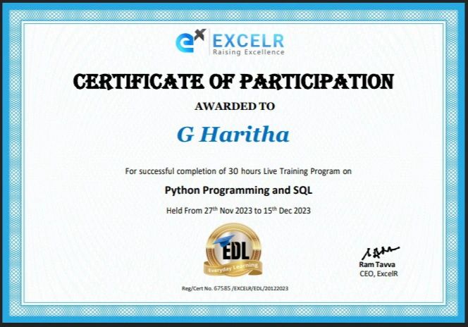 Finished Python course with ExcelR! | G Haritha posted on the topic ... Finished Python course with ExcelR! | G Haritha posted on the topic ...