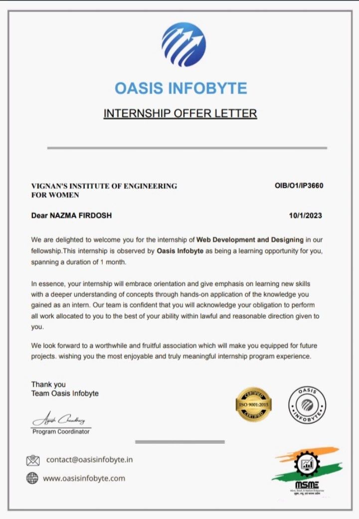 NAZMA FIRDOSH on LinkedIn: #oasis #internship NAZMA FIRDOSH on LinkedIn: #oasis #internship