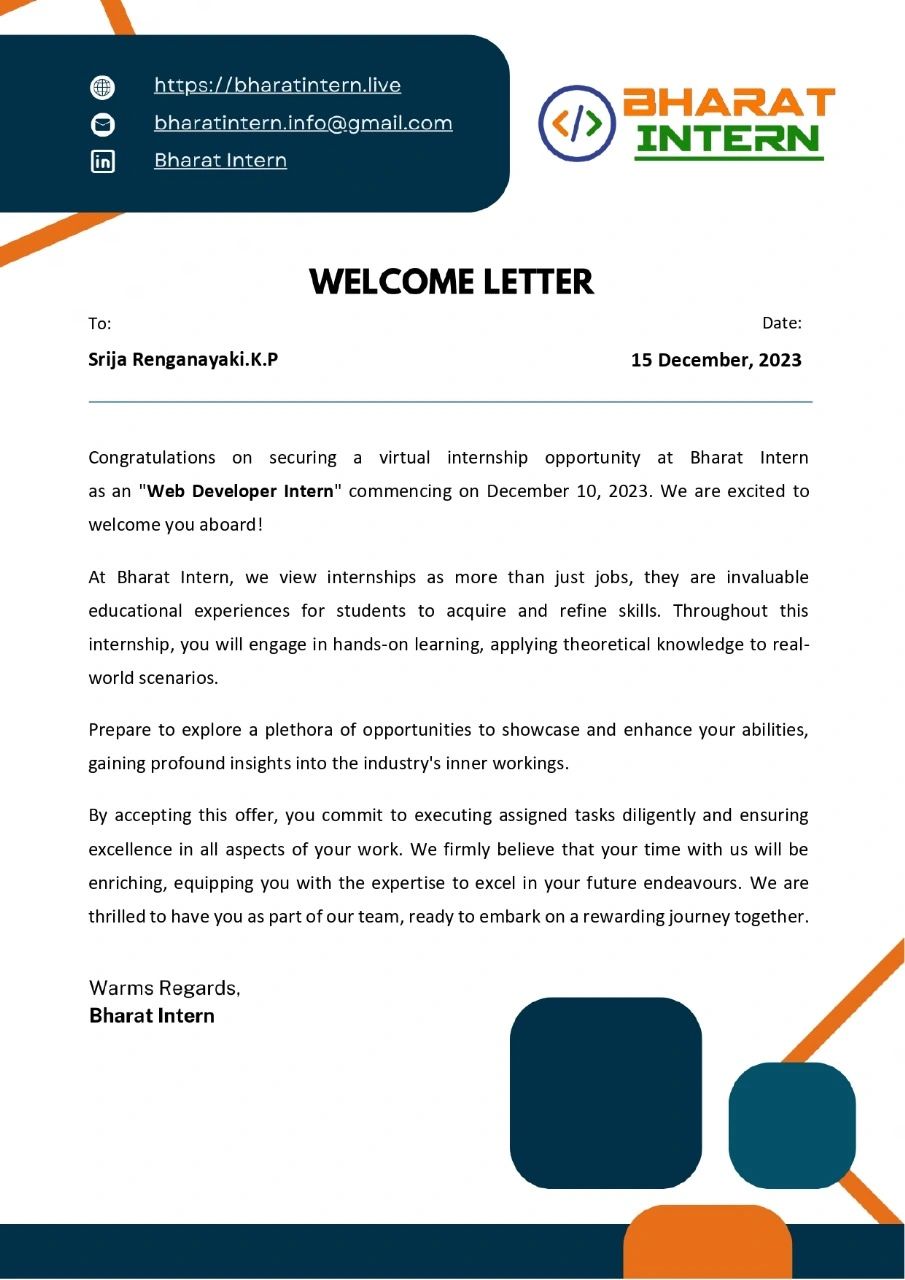 Srija Renganayaki K P on LinkedIn: #webdev #internship #bharatinternship Srija Renganayaki K P on LinkedIn: #webdev #internship #bharatinternship