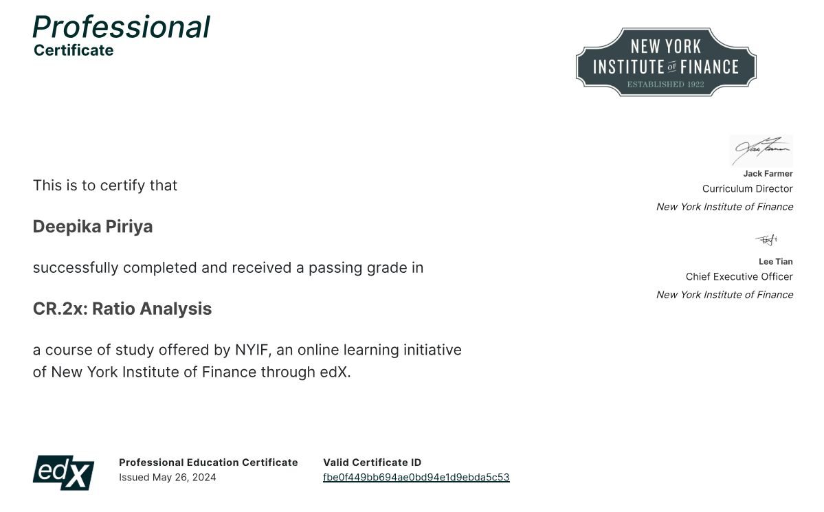 Completed Ratio Analysis course with NYIF | Deepika Piriya posted on ... Completed Ratio Analysis course with NYIF | Deepika Piriya posted on ...